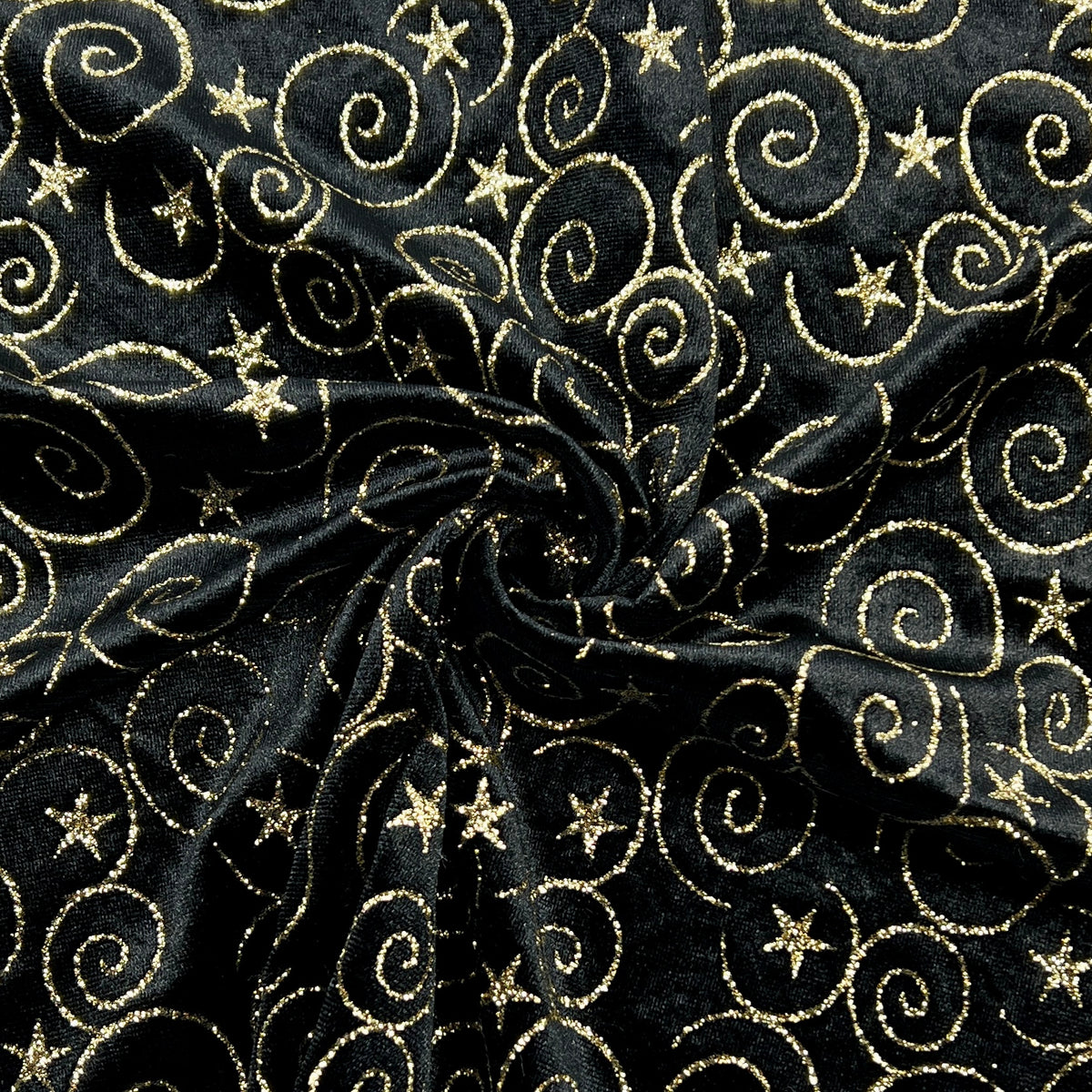 Polyester/Spandex Metallic Stretch Velour - Swirls & Stars | 7039 #S80 — Nick Of Time Textiles